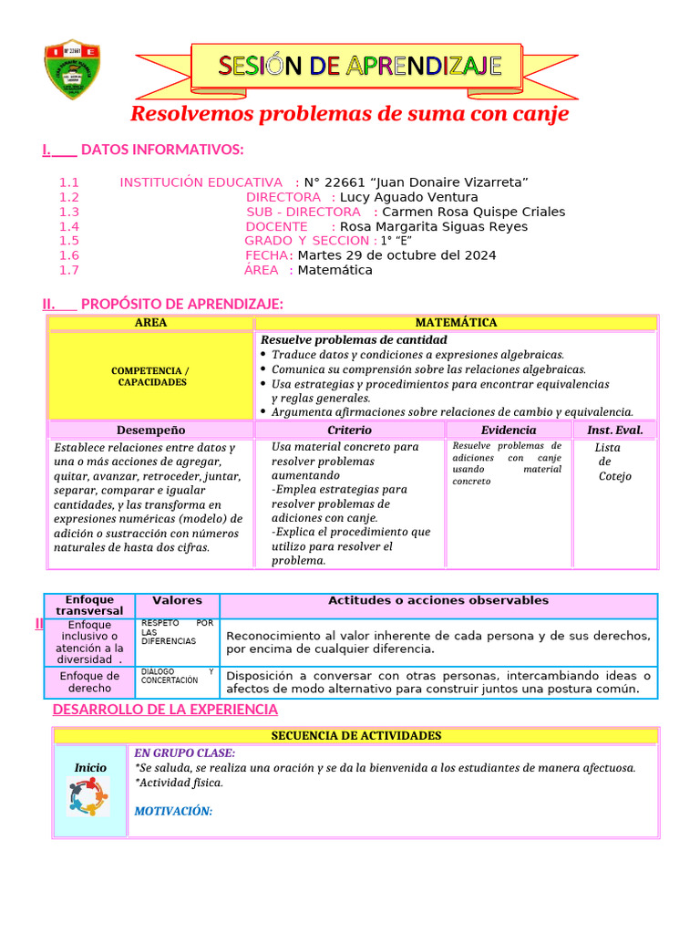 Sesión PROBLEMAS DE SUMA CON CANJE | PDF | Matemáticas | Aritmética