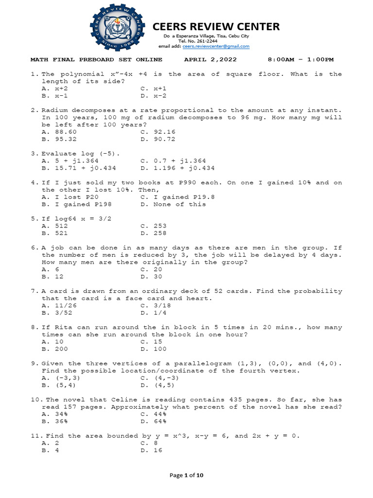 Math Final Preboard Set April 2022 | PDF | Perpendicular | Ellipse