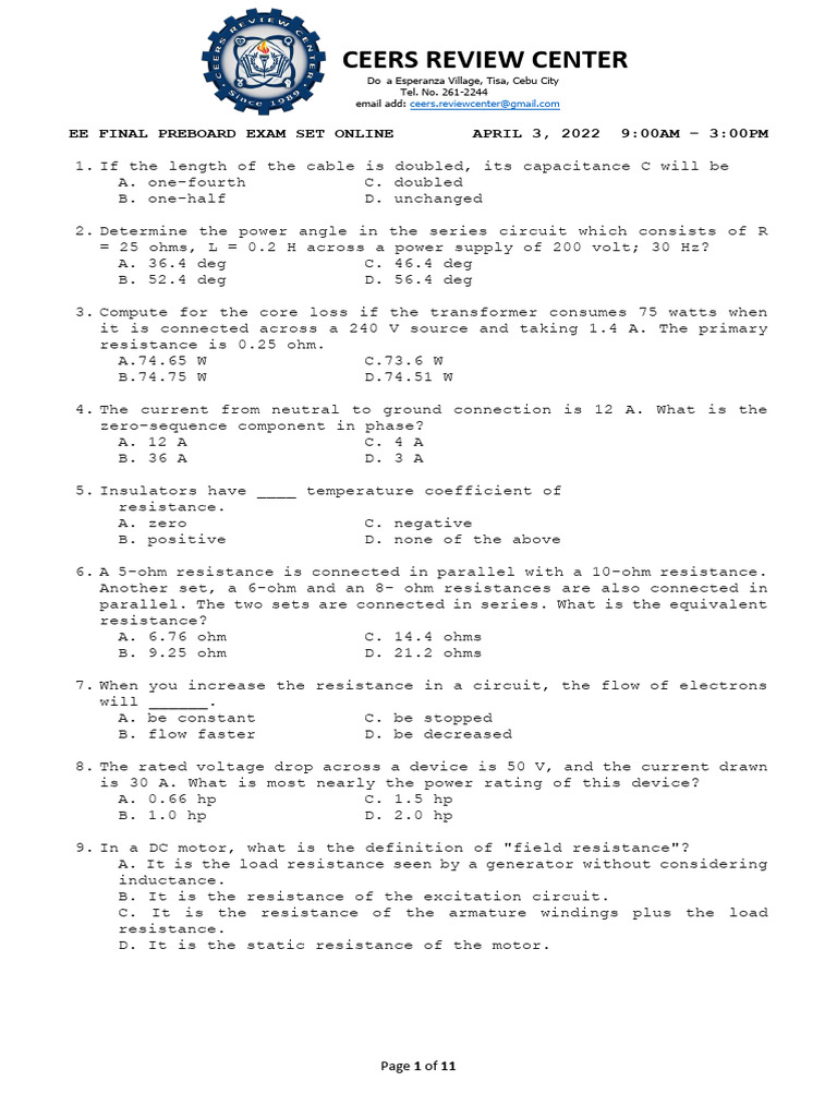 Ee Final Preboard Set Online - No Answers | PDF | Transformer | Inductor