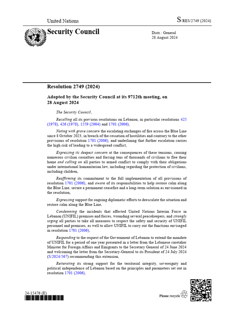 UN Security Council Resolution 2749 (2024) | PDF | Politics Of Israel ...
