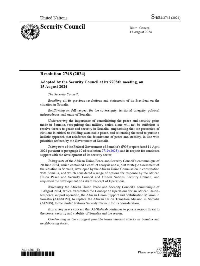 UN Resolution 2748 (2024) | PDF | African Union | United Nations ...