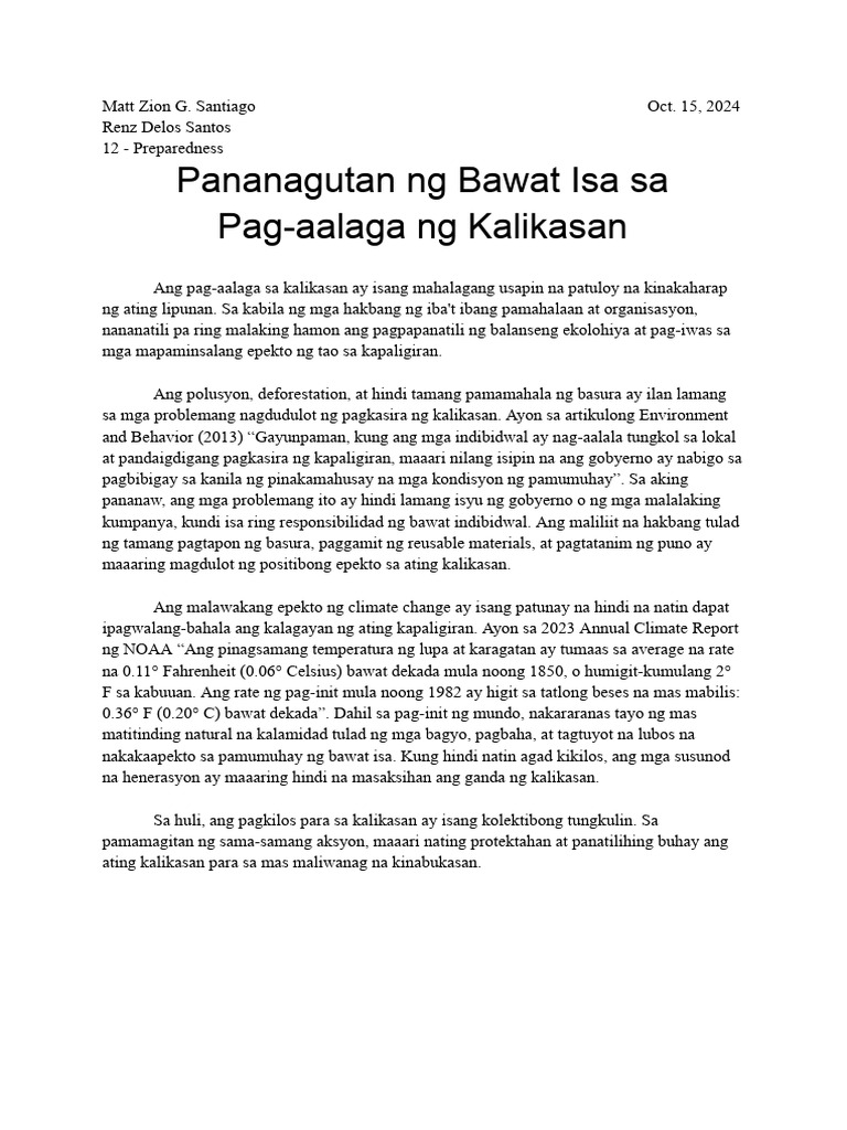Pananagutan NG Bawat Isa Sa Pag-Aalaga NG Kalikasan | PDF