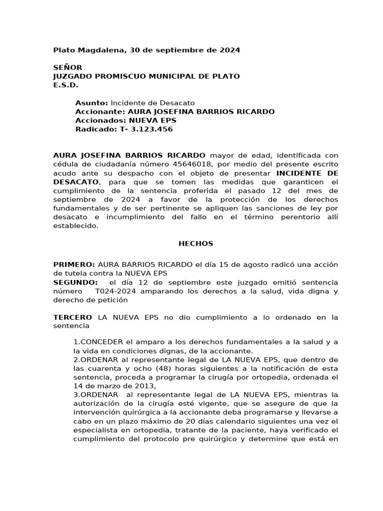 MODELO DE DESACATO | PDF | Sentencia (ley) | Debido al proceso