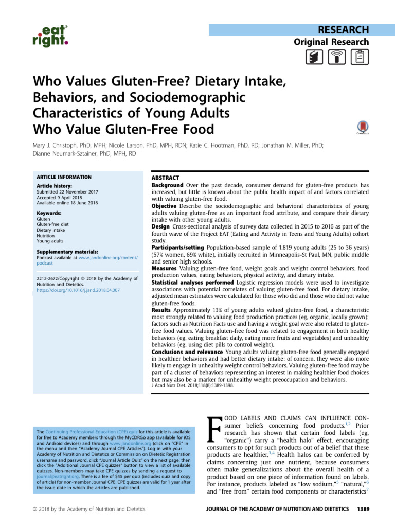 Who Values Gluten-Free - Dietary Intake, Behaviors, and ...