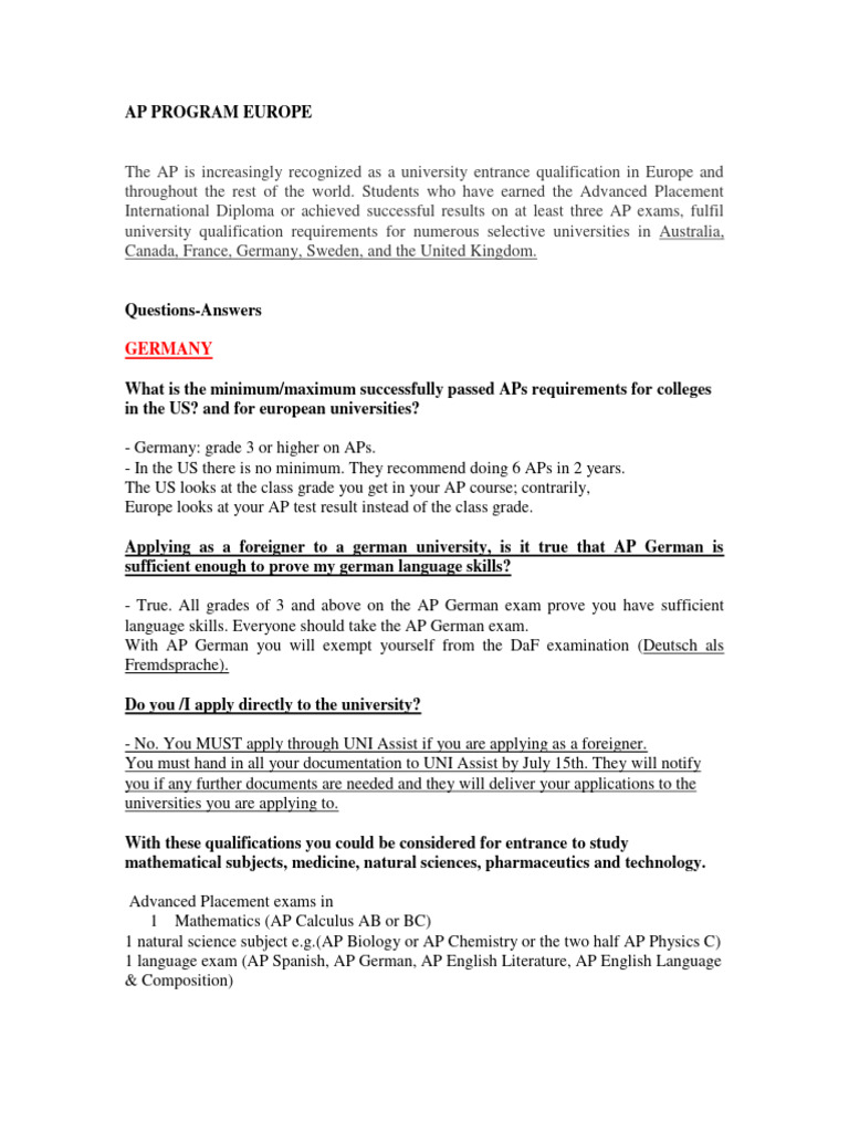 AP Exam Requirements for European Universities | PDF | Advanced ...