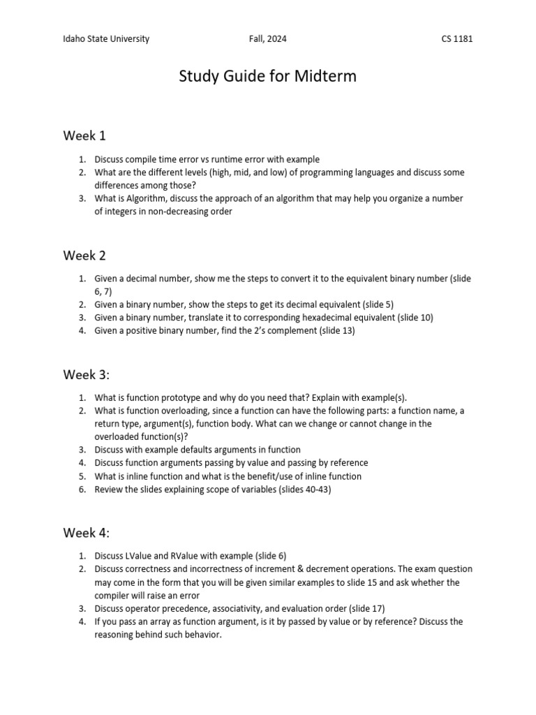 CS1181 - Intro-To-Computer-Science - ISU - 2024 - MIDTERM - Study Guide | PDF | Parameter ...