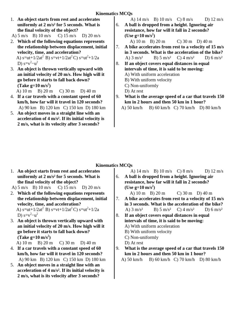 Kinematics MCQs for Practice | PDF | Acceleration | Velocity