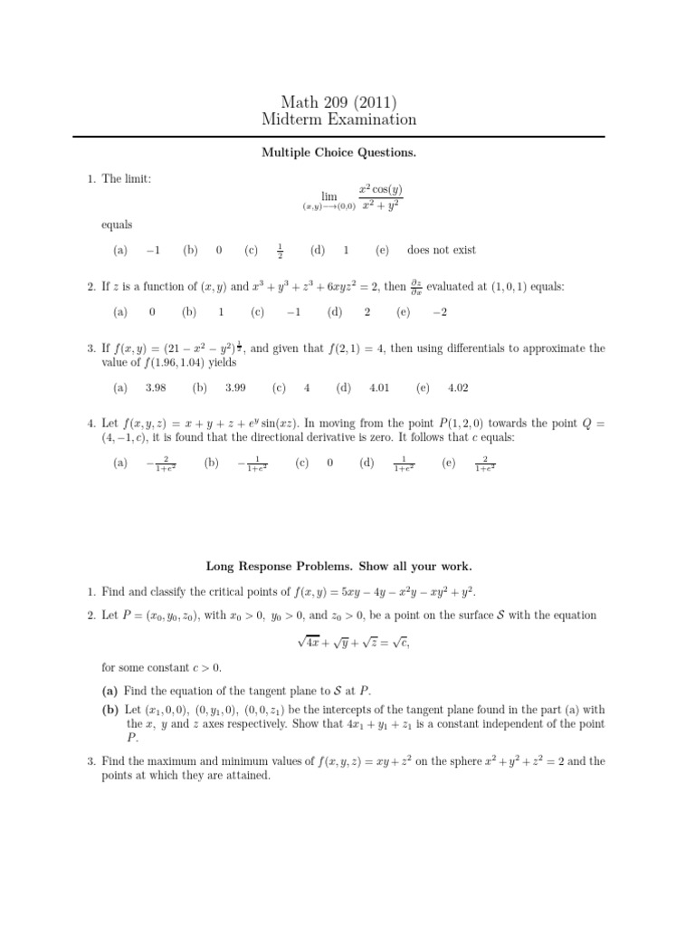 MATH 209 Practice Exam 1 | PDF | Applied Mathematics | Mathematical ...