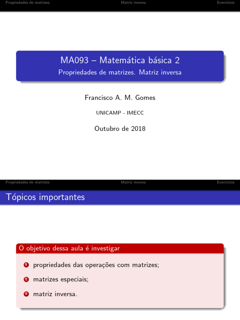 MA093 - Matem Atica B Asica 2: Propriedades de Matrizes. Matriz Inversa | PDF | Matriz ...