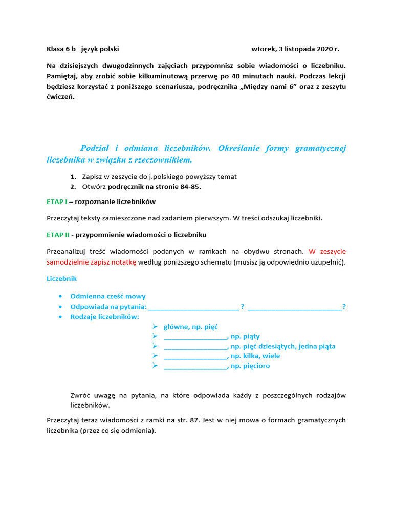 Klasa 6 B Jezyk Polski Material 9 Wtorek 3 Listopada Lekcja 33 34 | PDF