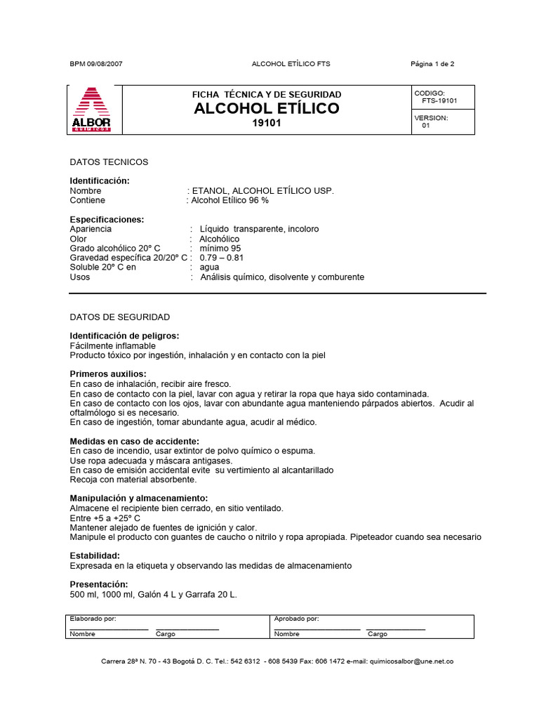 Ficha Técnica de Alcohol Etílico USP | PDF | Etanol | Agua