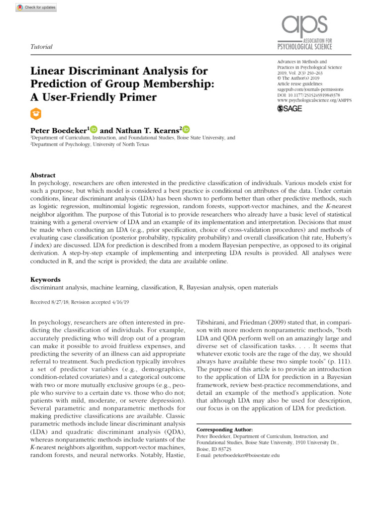 Boedeker Kearns 2019 Linear Discriminant Analysis For Prediction of Group Membership A User ...