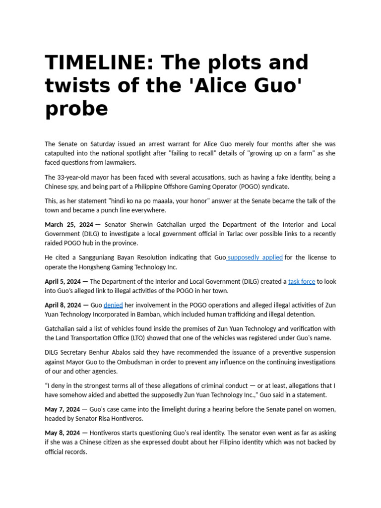 Alice Guo Editorial Writing Timeline of Alice | PDF | Social Science