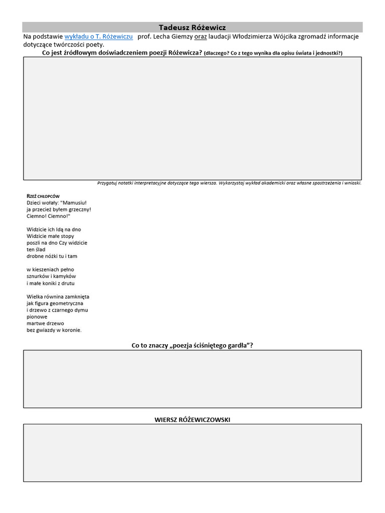 Tadeusz Różewicz_karta pracy_Lament | PDF