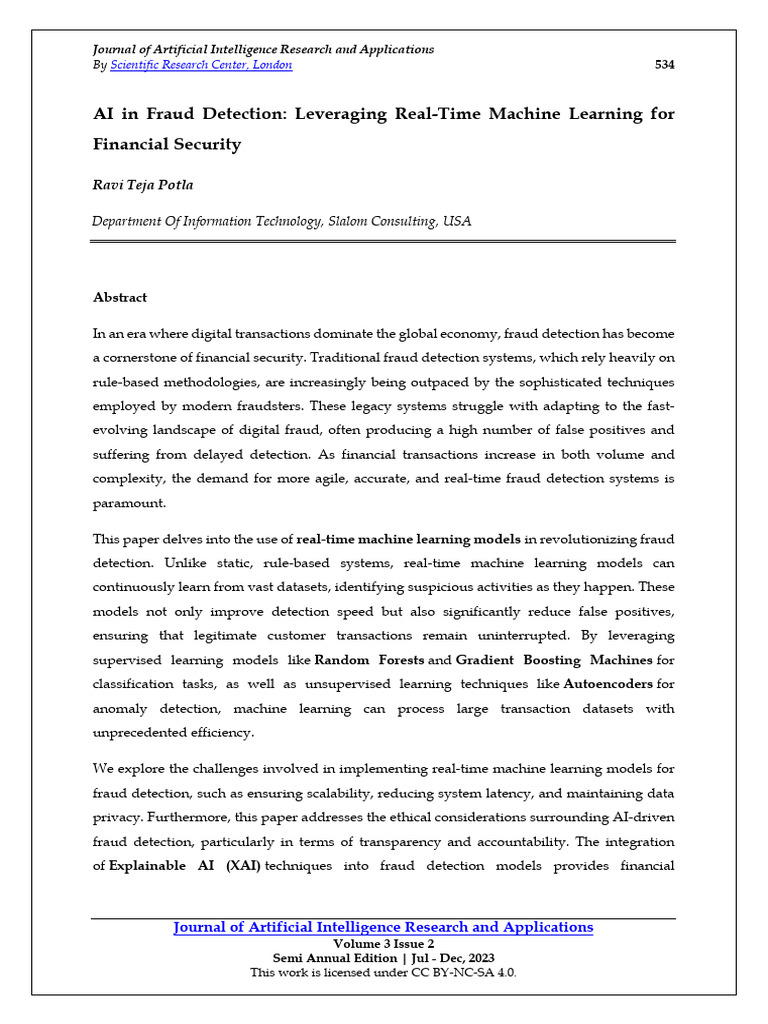AI in Fraud Detection: Leveraging Real-Time Machine Learning For Financial Security | PDF ...