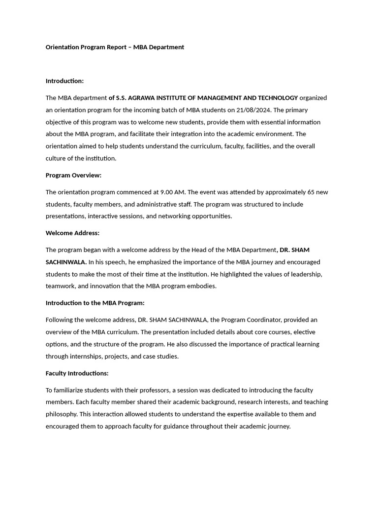Orientation Program Report | PDF | Master Of Business Administration | Curriculum