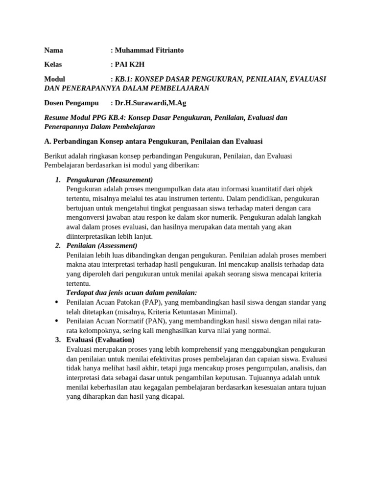 Resume Modul 4 Konsep Dasar Pengukuran, Penilaian Dan Evaluasi Pembelajaran | PDF