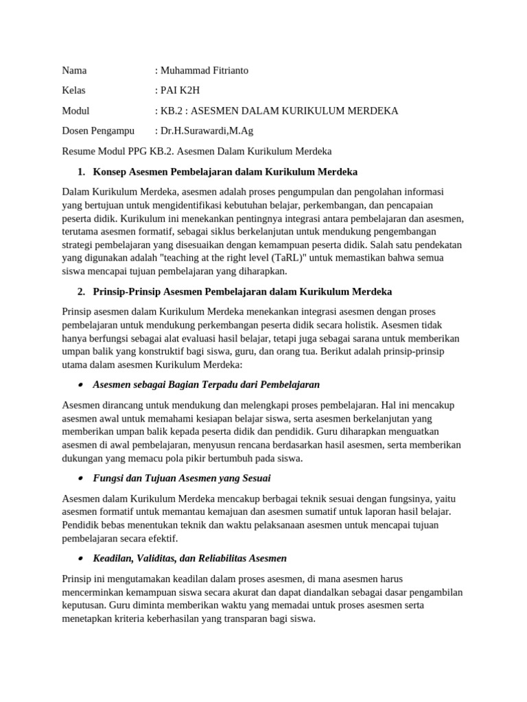 Resume Modul KB.2 Asesmen Dalam Kurikulum Merdeka | PDF | Pengembangan Diri