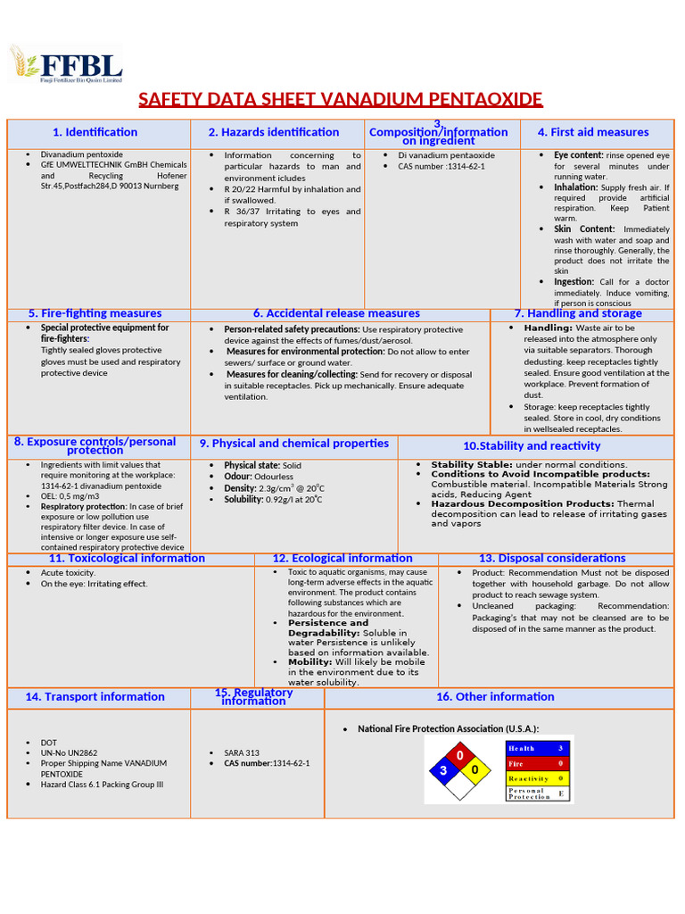SDS Vanadium Pentaoxide | PDF | Water | Toxicity