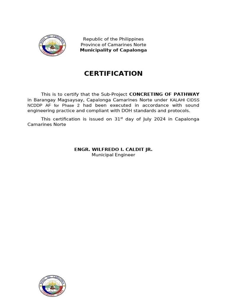 Capalonga Camarines Norte Project Certifications | PDF | Economy Of The ...