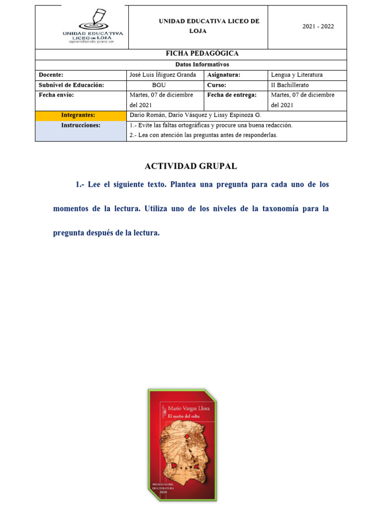 Act. Grupal - Formulación de Preguntas - Lissy Espinoza G - 2do B.G.U - 07-12-2021 | PDF