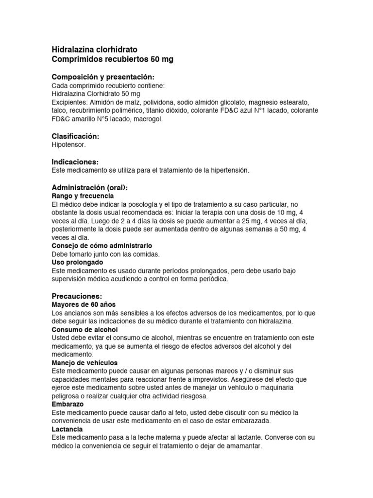 Hidralazina 50 mg: Uso y Precauciones | PDF | Medicamentos con receta ...