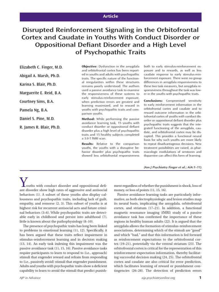 2011 - Finger - Disrupted Reinforcement Orbitofrontal and Caudate in Youths With CD or ODD | PDF ...