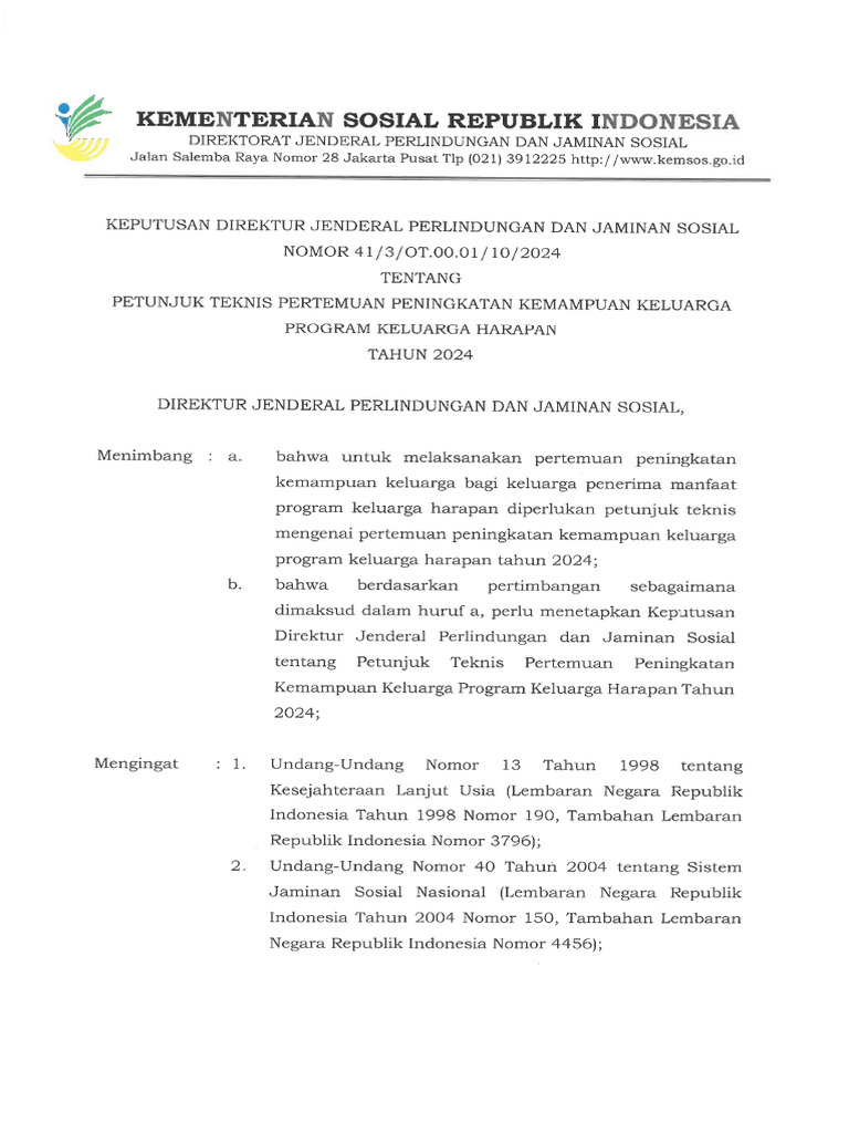 41.SK Dirjen 41 2024 Tentang Juknis P2K2 PKH 2024 | PDF