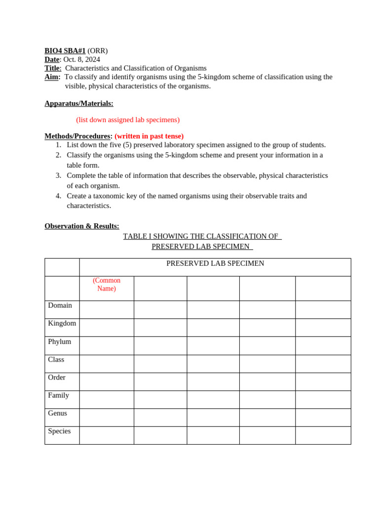 BIO4 SBA1 Characteristics and Classification of Organisms (2024) | PDF ...