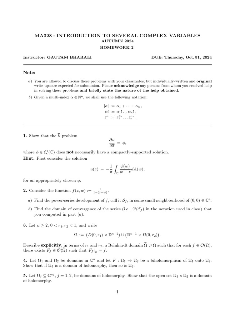 Ma328: Introduction To Several Complex Variables: AUTUMN 2024 Homework ...