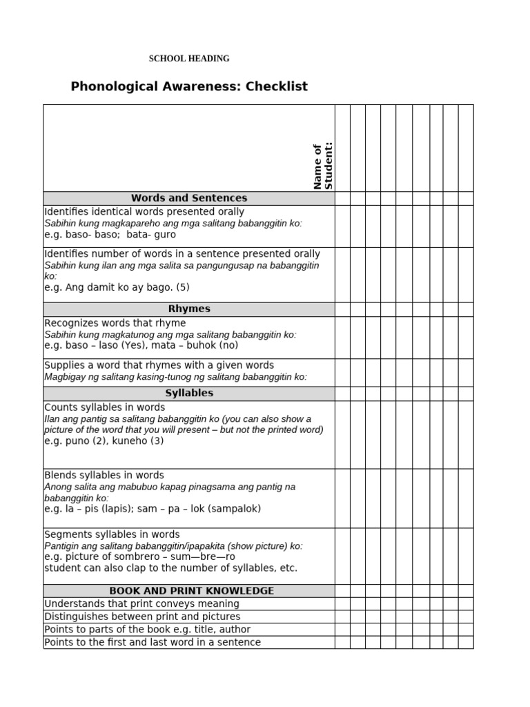 Phonological Assessment Checklist | PDF | Word | Psycholinguistics