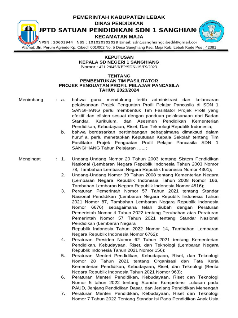 Pembentukan Tim Fasilitator SDN 1 Sanghiang | PDF