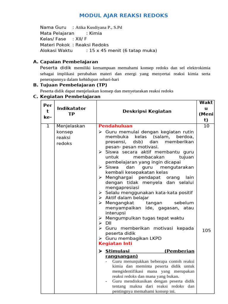 Modul Ajar Reaksi Redoks | PDF