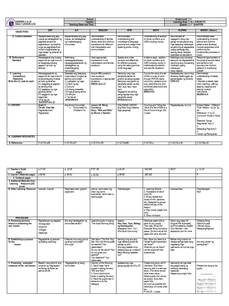 DLL - All Subjects 2 - Q1 - W5 - D1 | PDF
