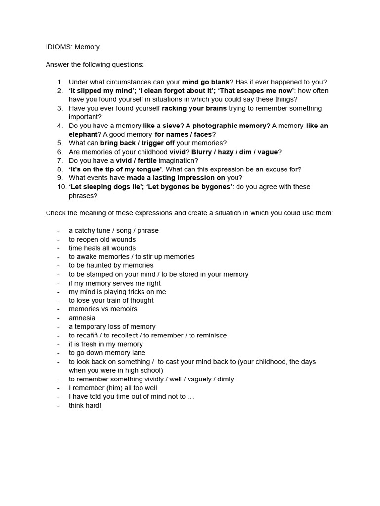Idioms Memory Practical Work Pdf