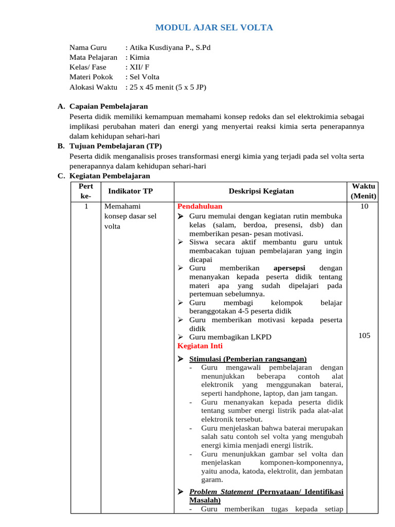 MODUL AJAR SEL VOLTA | PDF