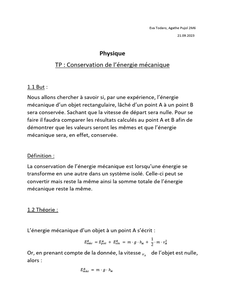 Conservation de l'énergie mécanique en TP | PDF | Effet photoélectrique ...