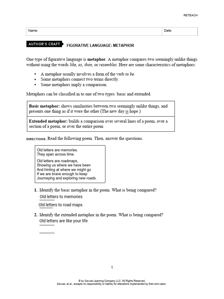 Savvas - Figurative Language Metaphor | PDF | Metaphor | Poetry
