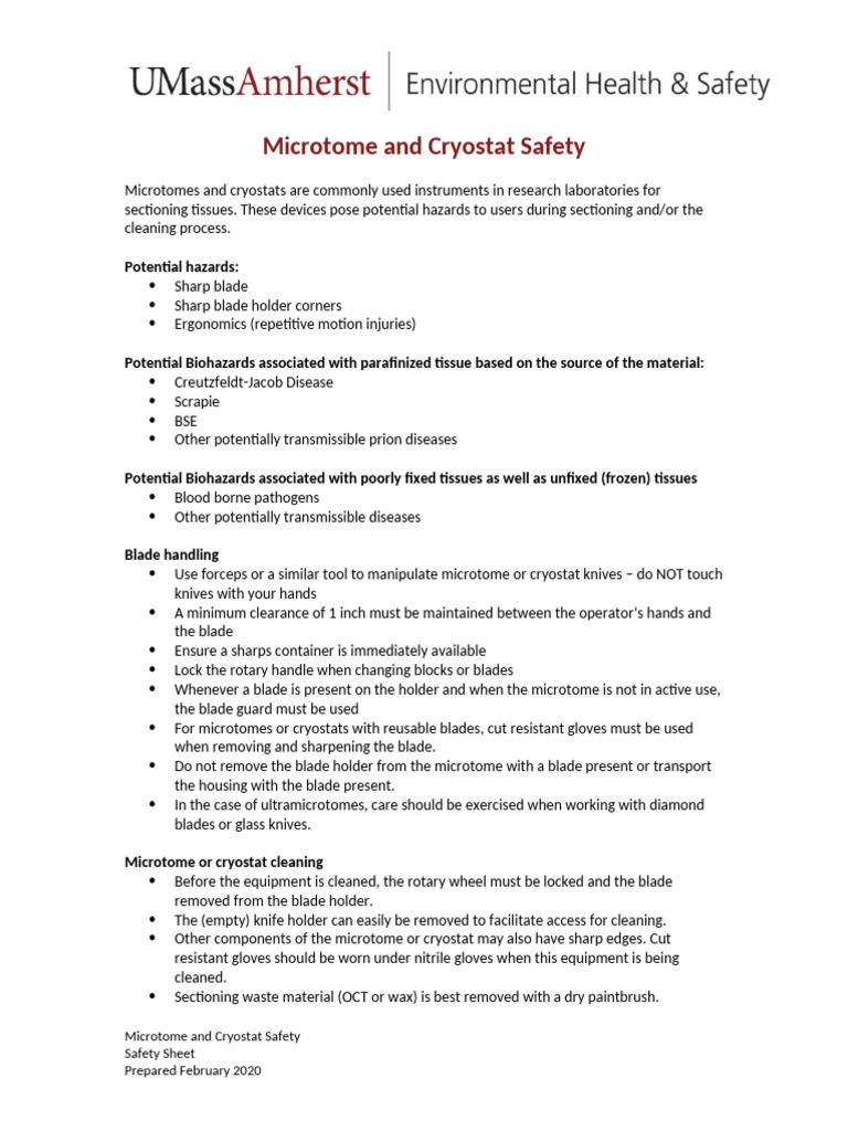 Microtome Cryostat Safety Sheet | PDF | Blade