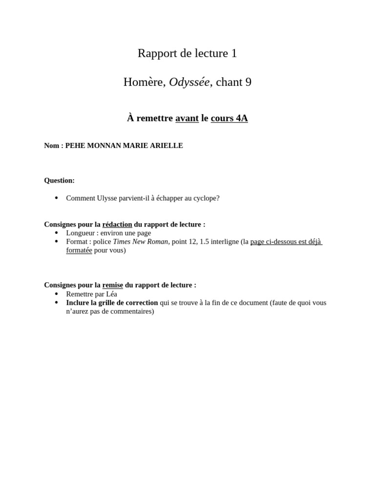 Rapport de Lecture 1 2 | PDF | Ulysse | Odyssée