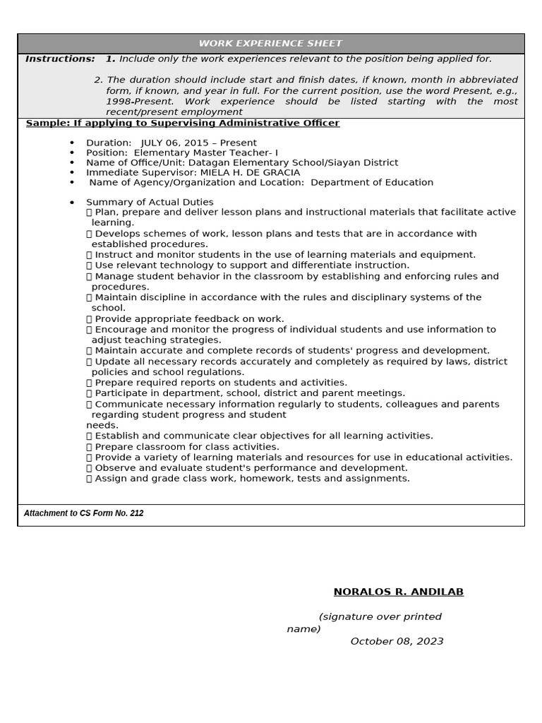 Work Experience Sheet Form 212 | PDF | Lesson Plan | Learning