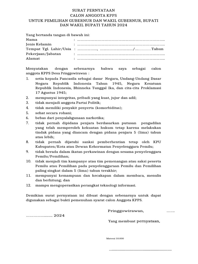 Surat Pernyataan KPPS | PDF | Hukum
