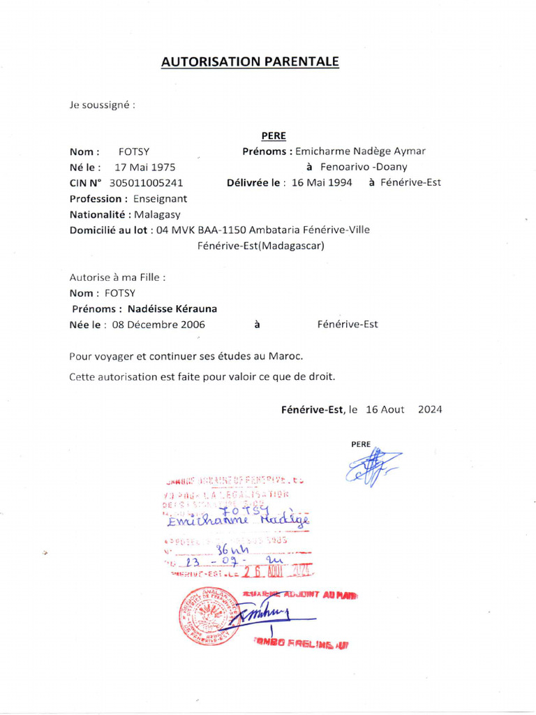Autorisation Parentale Pere Et Mere FOTSY Nadéisse Kérauna | PDF
