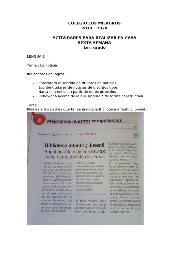 Lenguaje, Matematicas y Naturales de 1ero. Sexta Semana | PDF