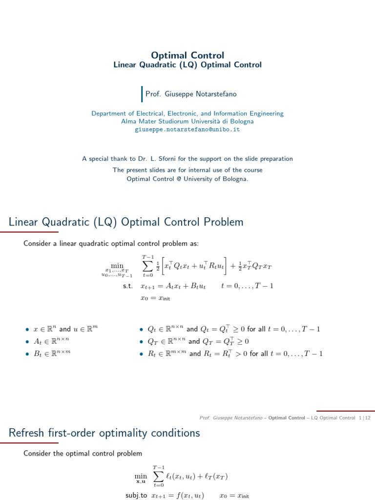 OPTCON LQ Optimal Control 2024-10-16 | PDF | Optimal Control | Mathematical Objects
