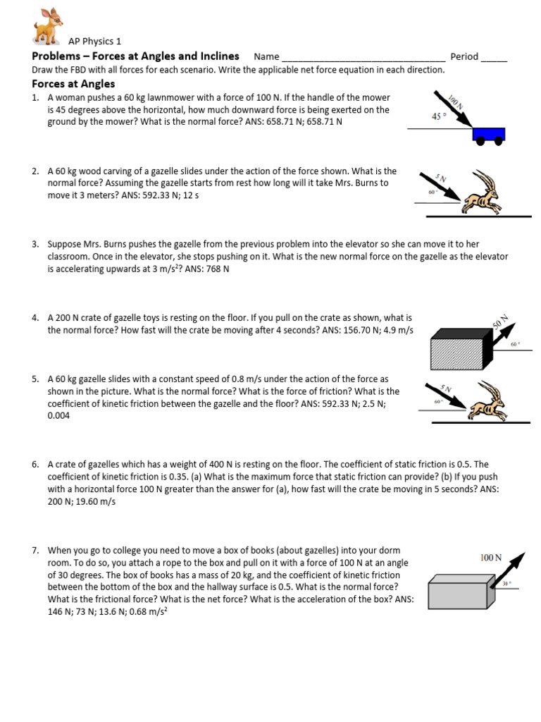 16 Problems - Forces at Angles and Inclines | PDF | Force | Friction