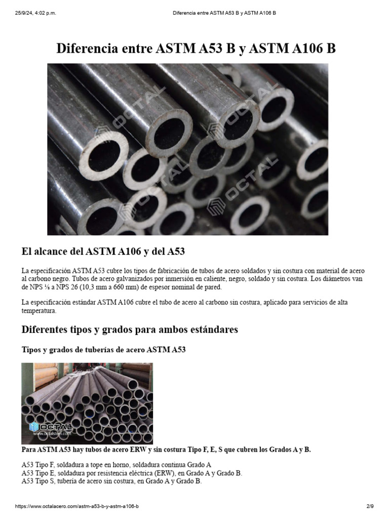 Diferencia Entre ASTM A53 B y ASTM A106 B | PDF | Acero | Tubería ...