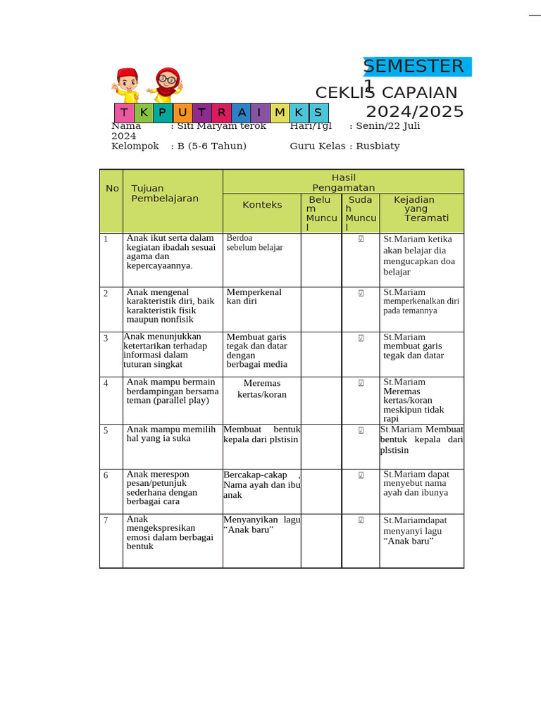 Ceklis Skala Capaian Paud | PDF