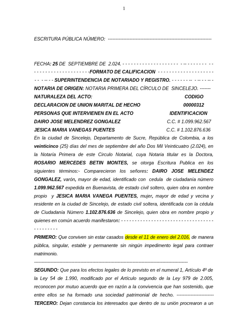 Union Marital de Hecho Dairo y Jesica | PDF | Ley común