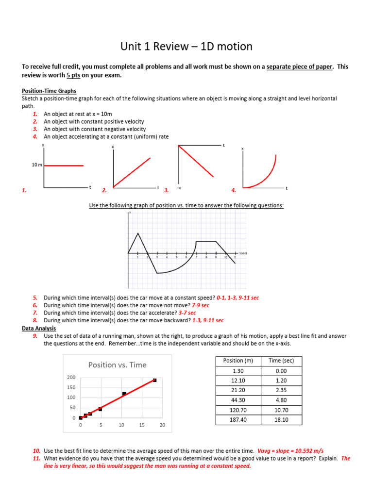 Unit 1 Review - 1D Motion - KEY | PDF | Acceleration | Velocity